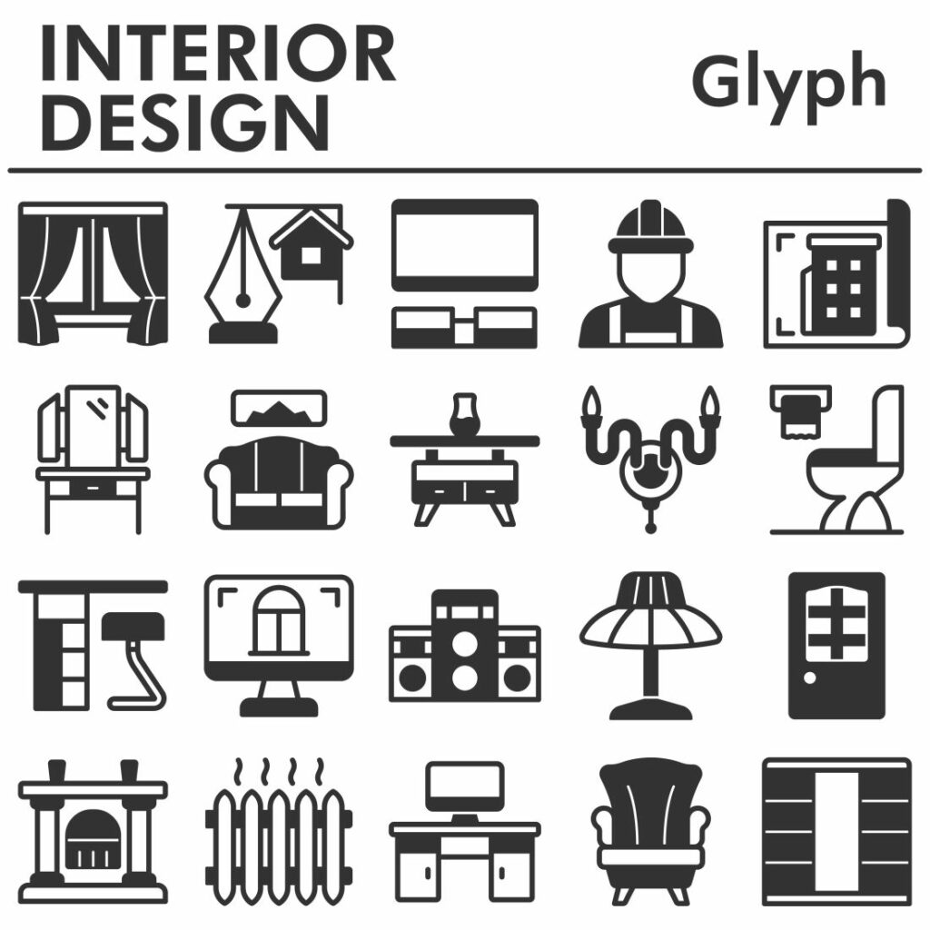 Interior design icons set, glyph style - MasterBundles
