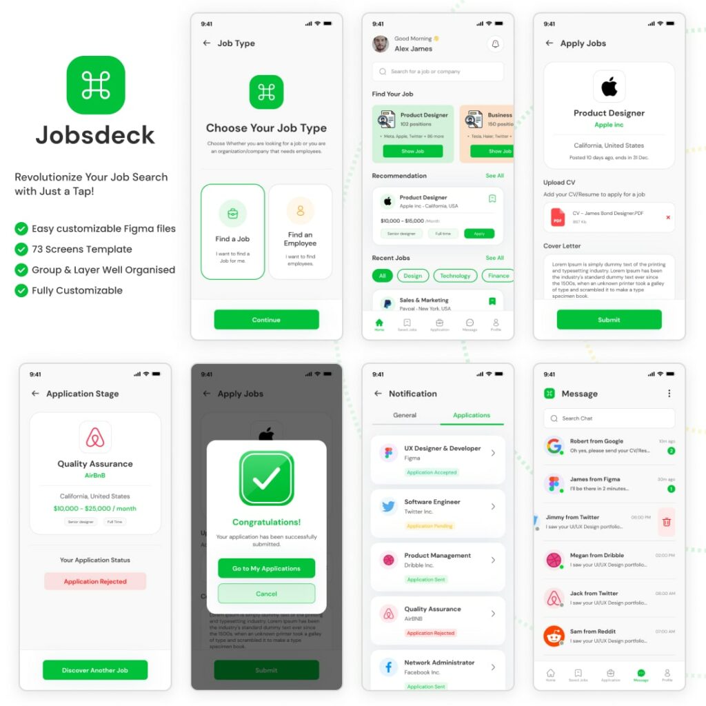 Jobsdeck - Job Finding Mobile App UI Kit Template - MasterBundles