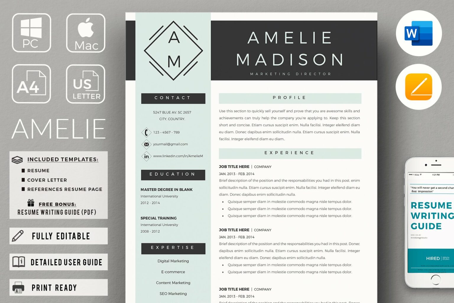Marketing SEO Resume CV for Word & Pages – MasterBundles