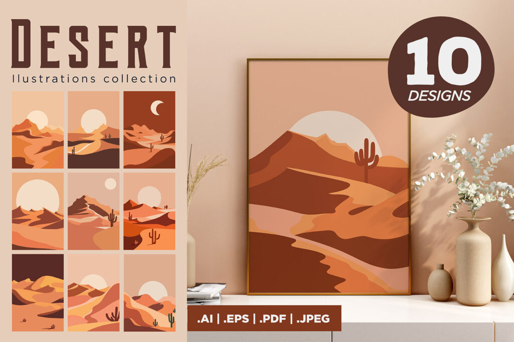 Desert Cactus and Sunset Art Print - MasterBundles