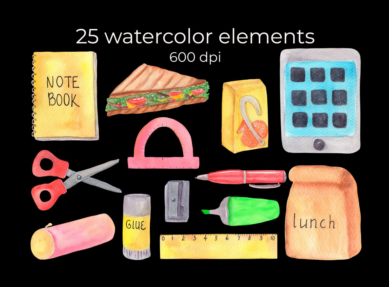 School supplies watercolor clipart – MasterBundles