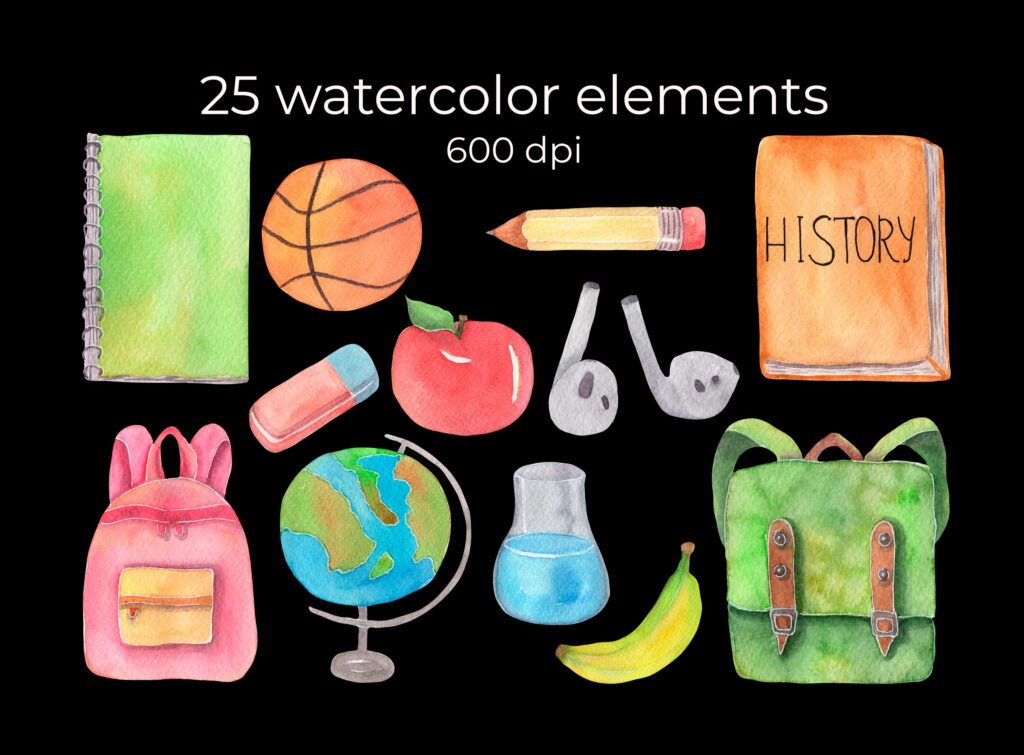 School supplies watercolor clipart – MasterBundles