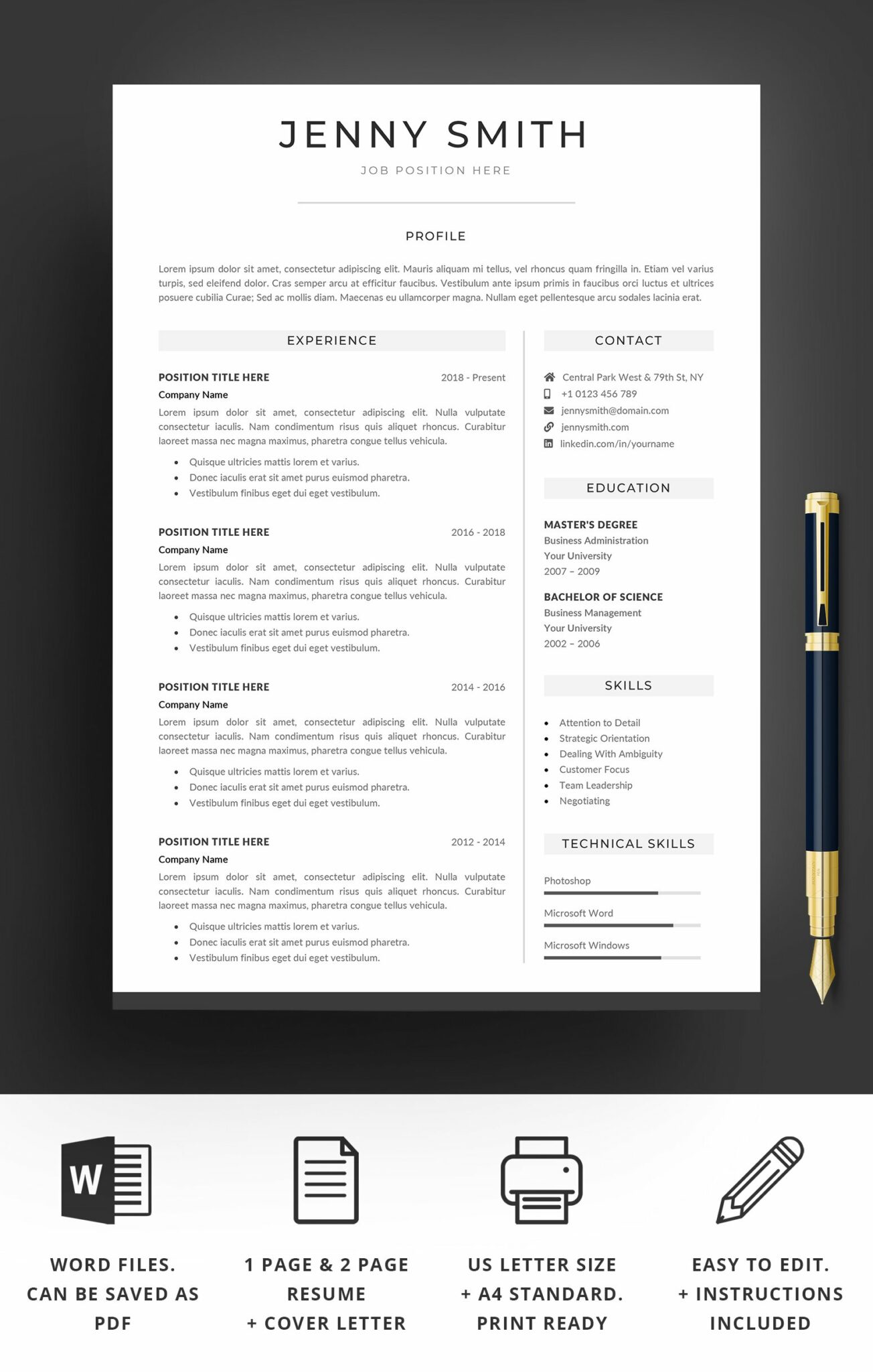 Resume Template Word Modern Clean CV – MasterBundles