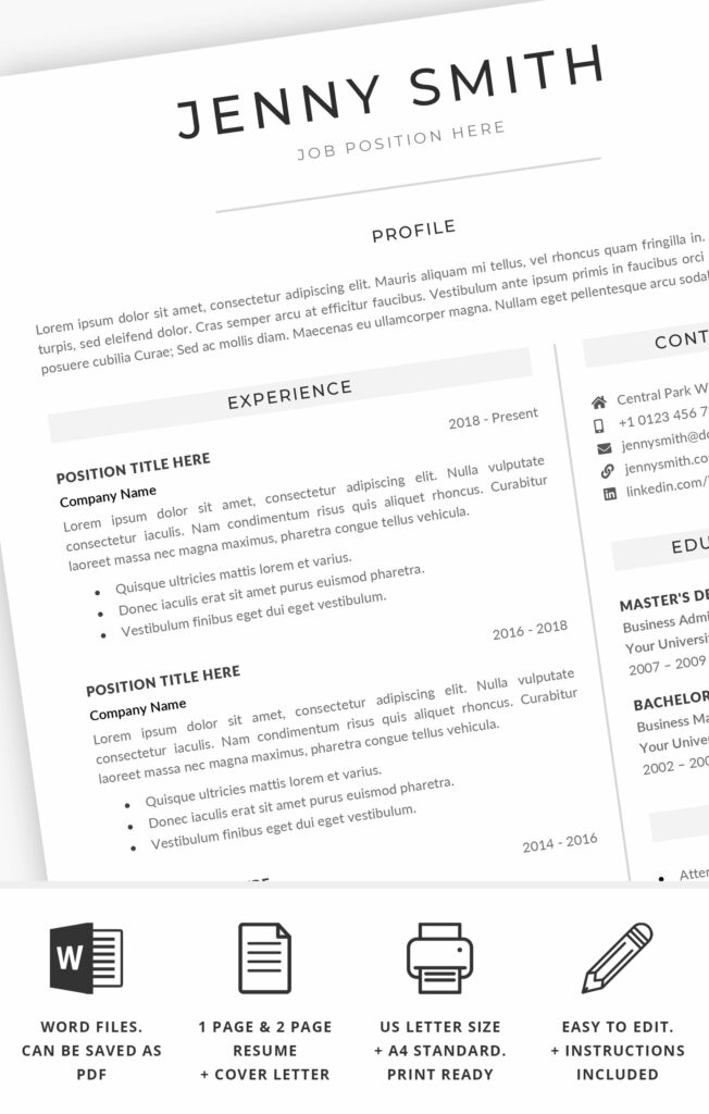 Resume Template Word Modern Clean CV – MasterBundles