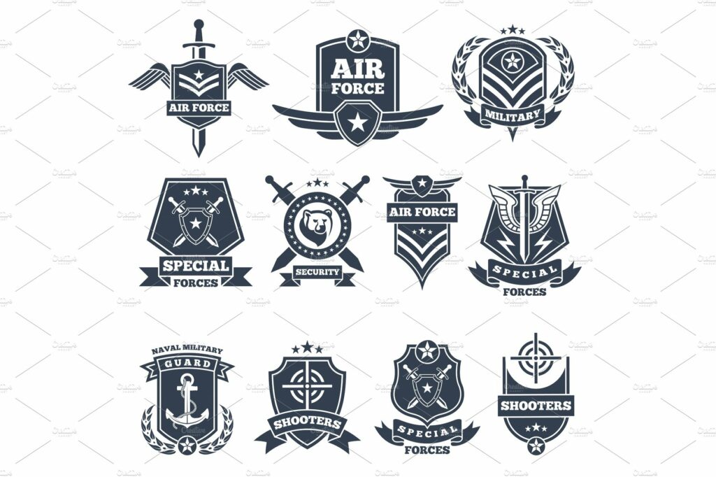 Military logos and badges. Army symbols isolated on white background ...