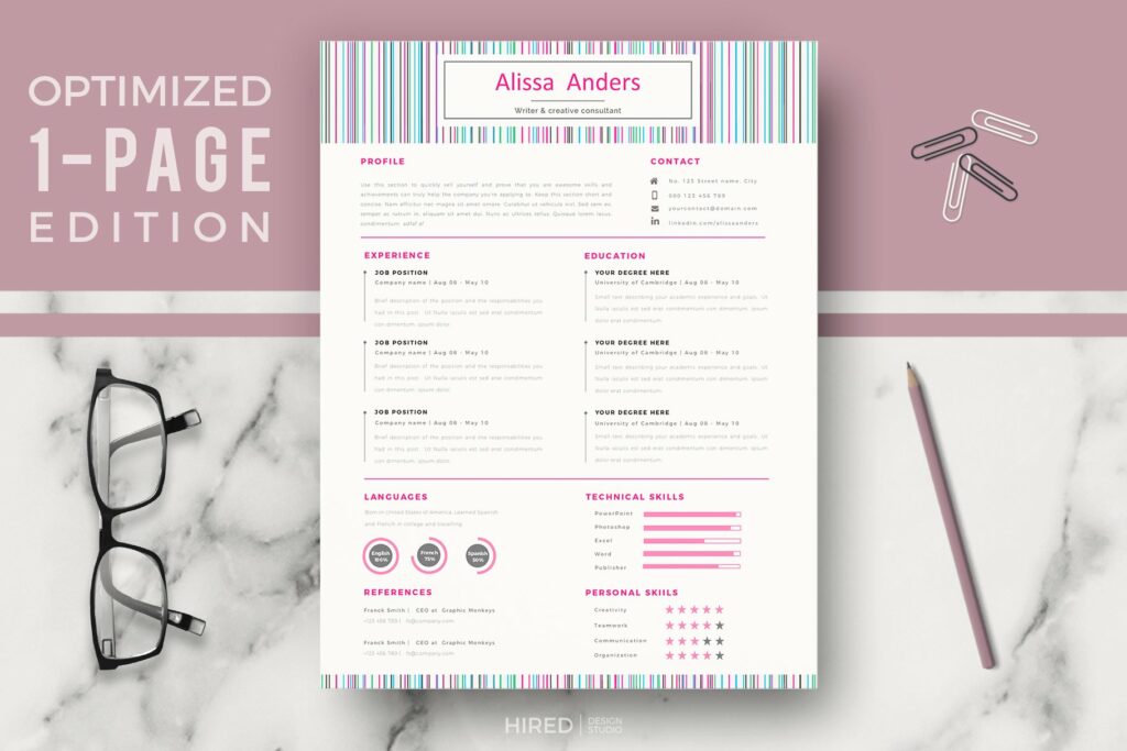 1 Page Resume Template, CV for Word – MasterBundles