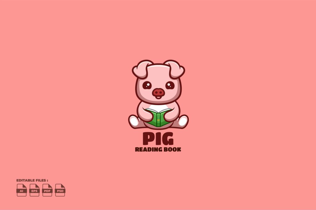 Reading Book Pig Cute Mascot Logo – MasterBundles