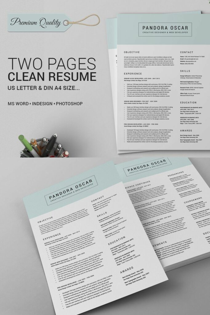 2 Pages Clean Resume CV - Pandora – MasterBundles