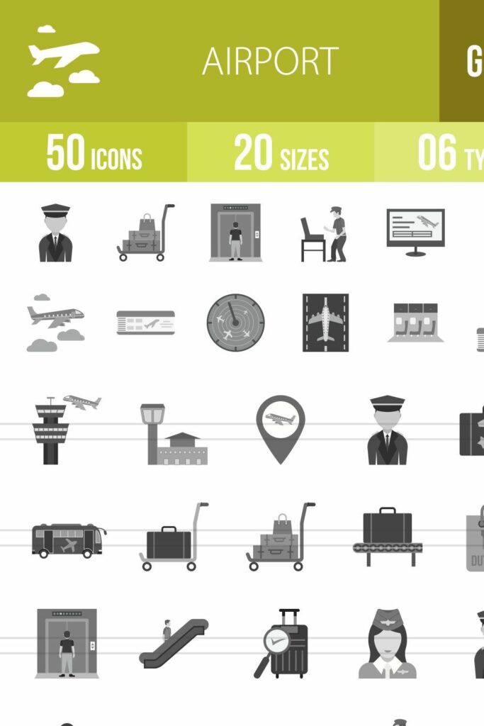 50 Airport Greyscale Icons – MasterBundles