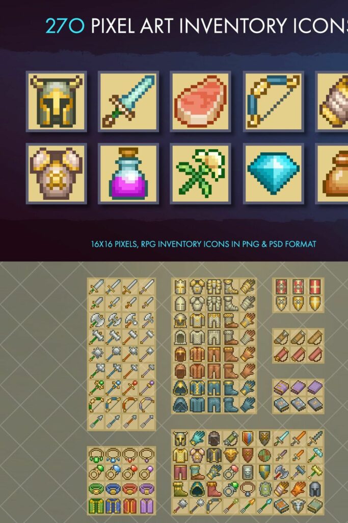 Pixel Art Inventory Icons - 16x16 – MasterBundles