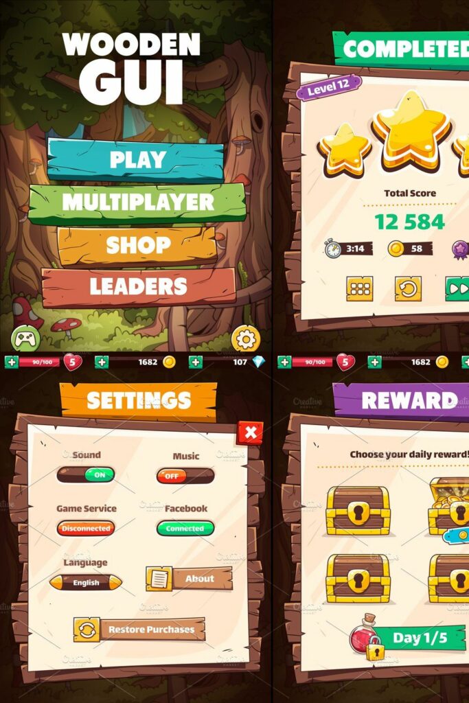 Wooden GUI for Mobile Game – MasterBundles
