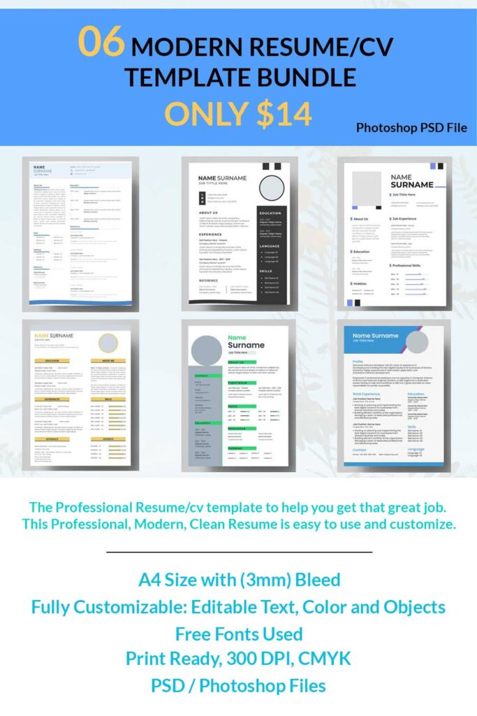 06 MODERN RESUME/CV TEMPLATE BUNDLE ONLY $14 - MasterBundles