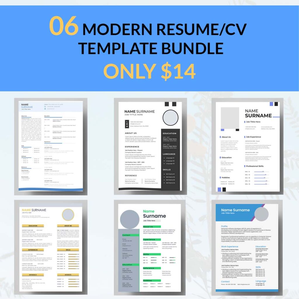 06 MODERN RESUME/CV TEMPLATE BUNDLE ONLY $14 - MasterBundles