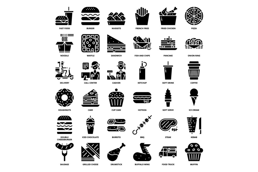 36 Fast Food Icons Set x 4 Styles - MasterBundles