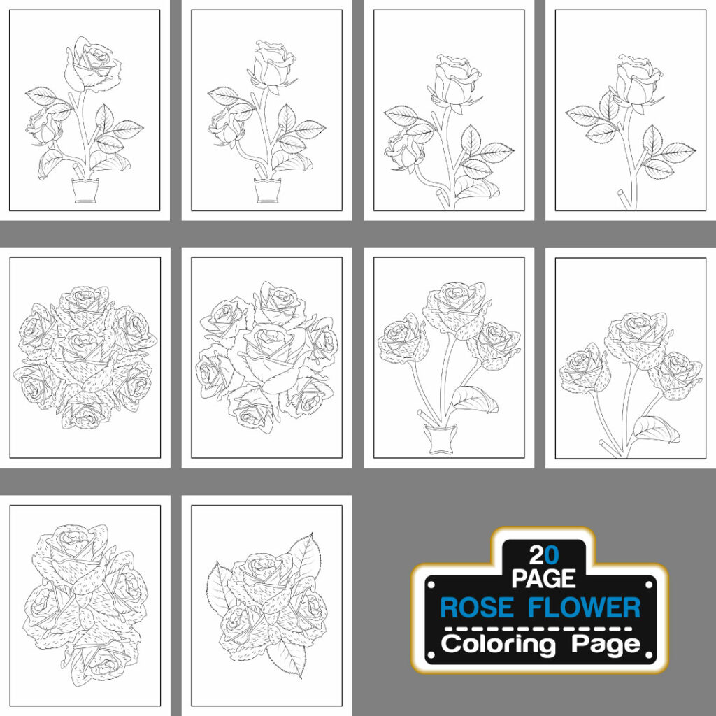 Rose Flower Coloring Page And Book Hand Drawn Line Art illustration ...