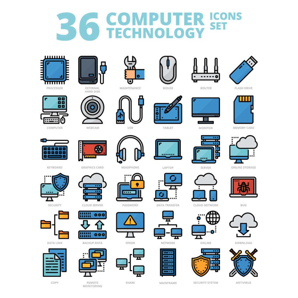 36 Computer Technology Icons Set x 4 Styles - MasterBundles