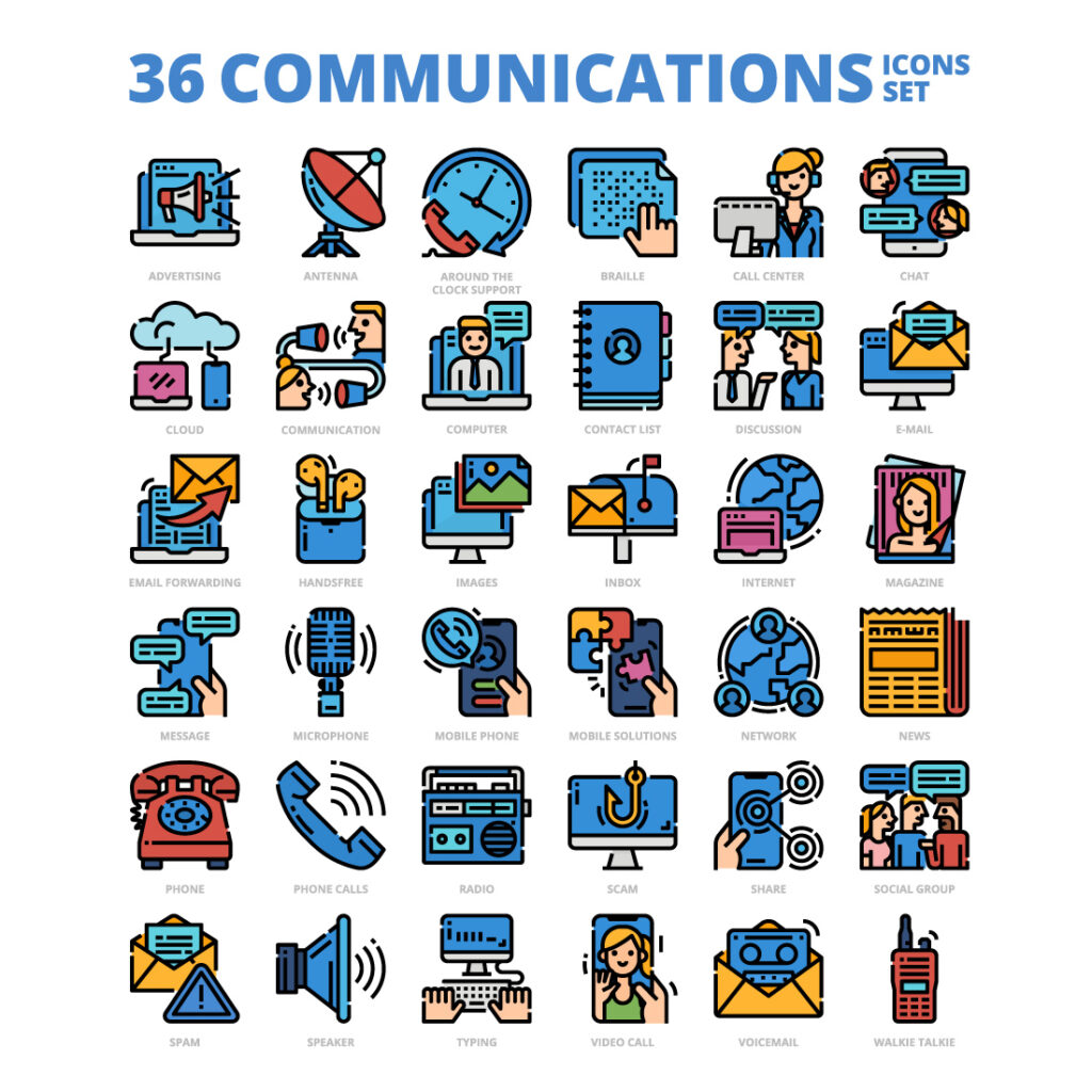 36 Communications Icons Set x 4 Styles - MasterBundles