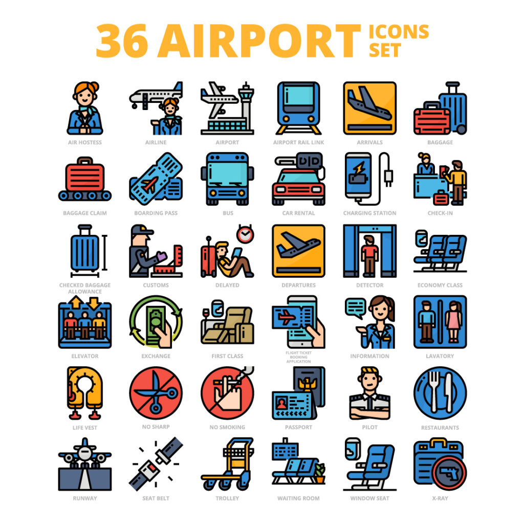 36 Airport Icons Set x 4 Styles - MasterBundles