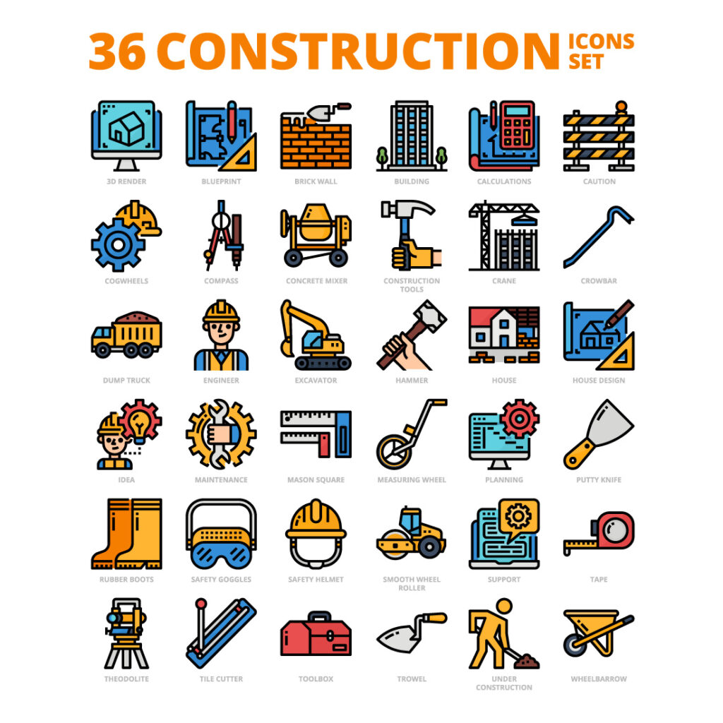 36 Construction Icons Set x 4 Styles - MasterBundles