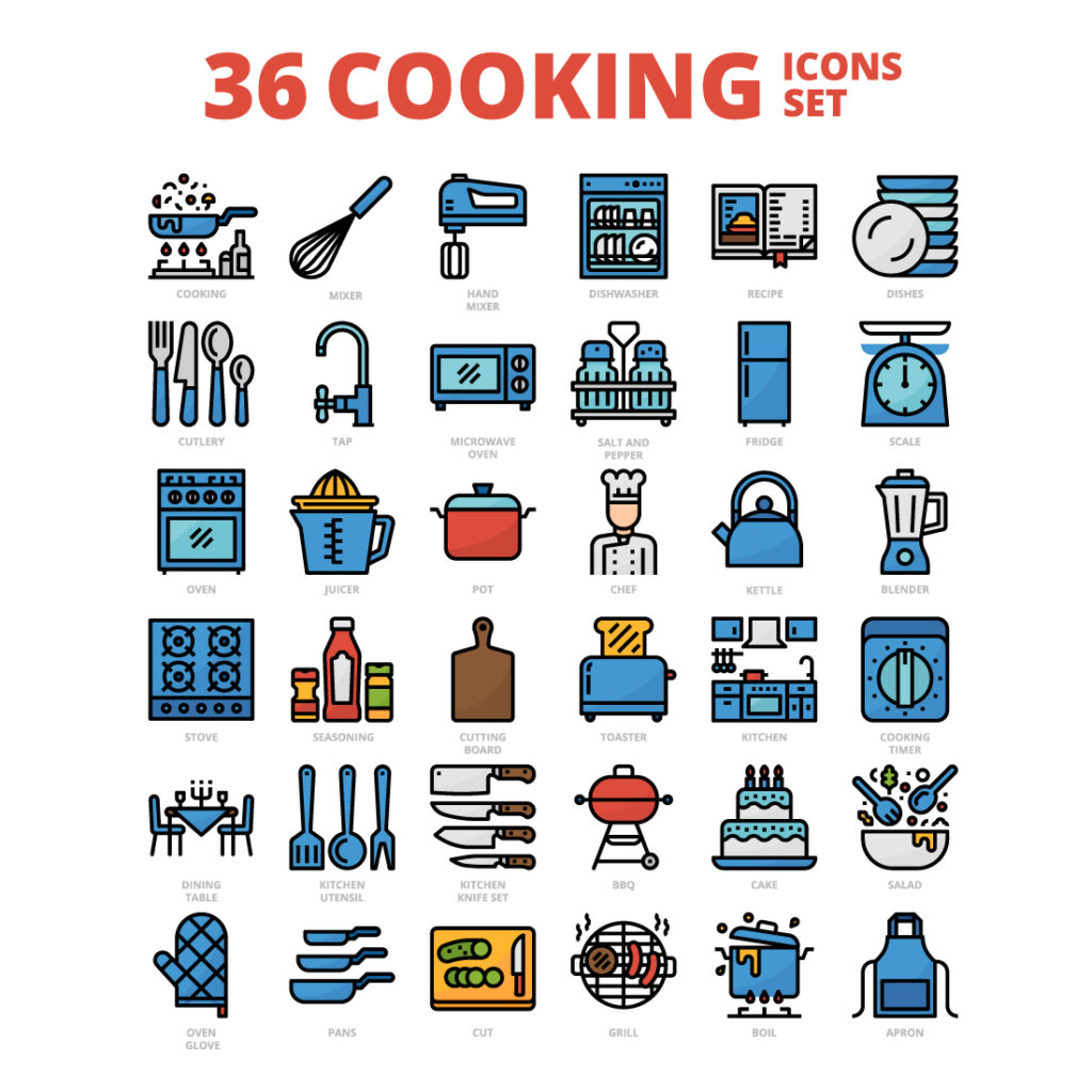 36 Cooking Icons Set x 4 Styles - MasterBundles