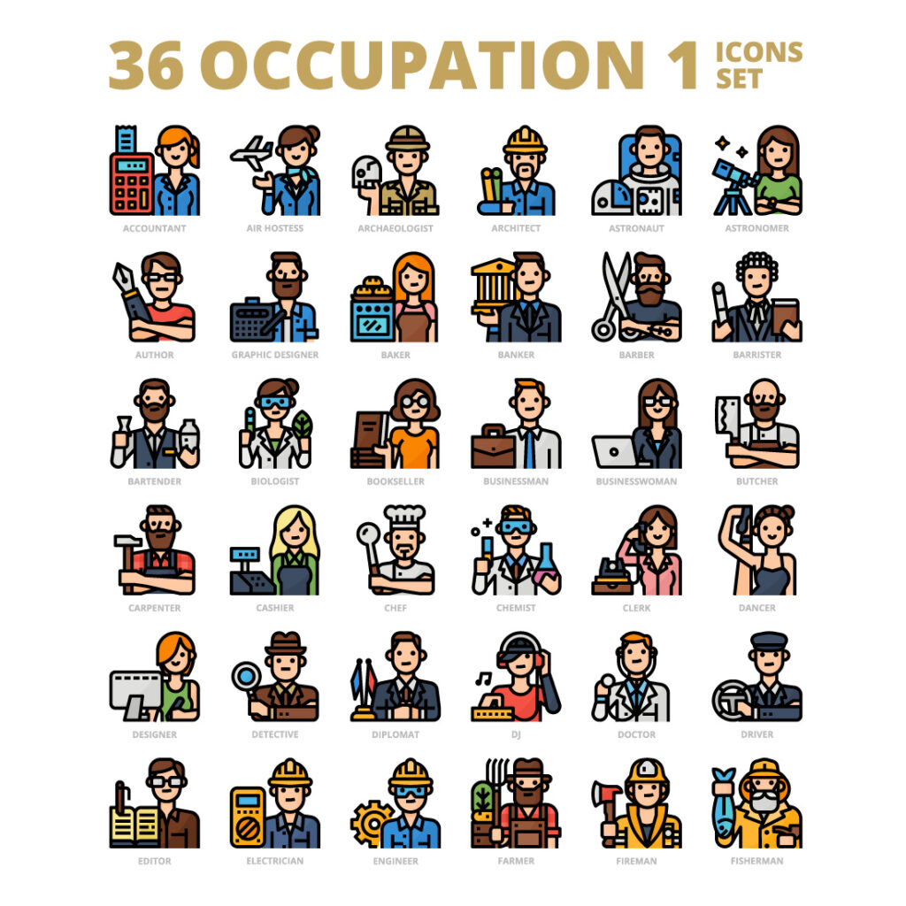 36 Occupation Icons Set x 4 Styles - MasterBundles
