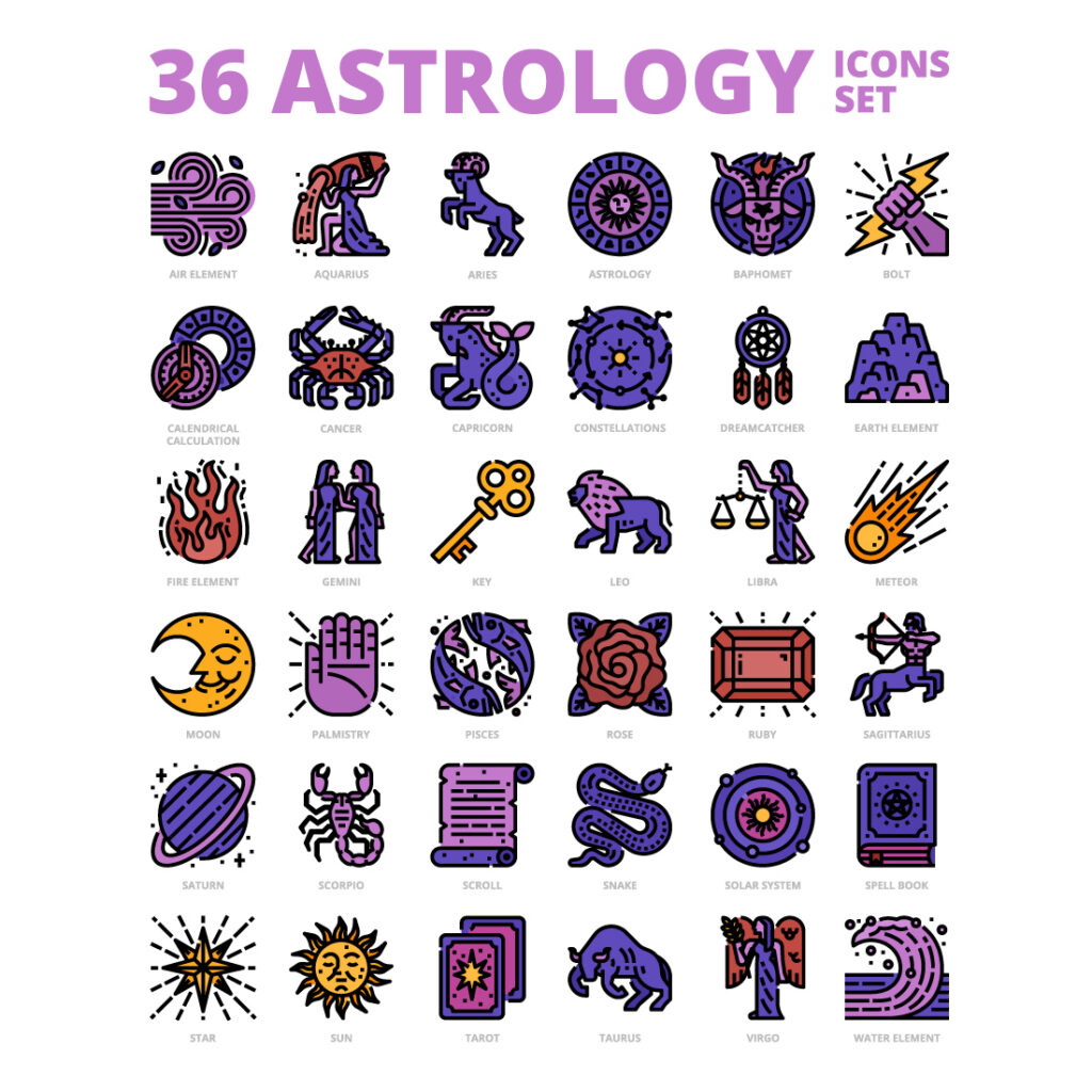 36 Astrology Icons Set x 4 Styles - MasterBundles