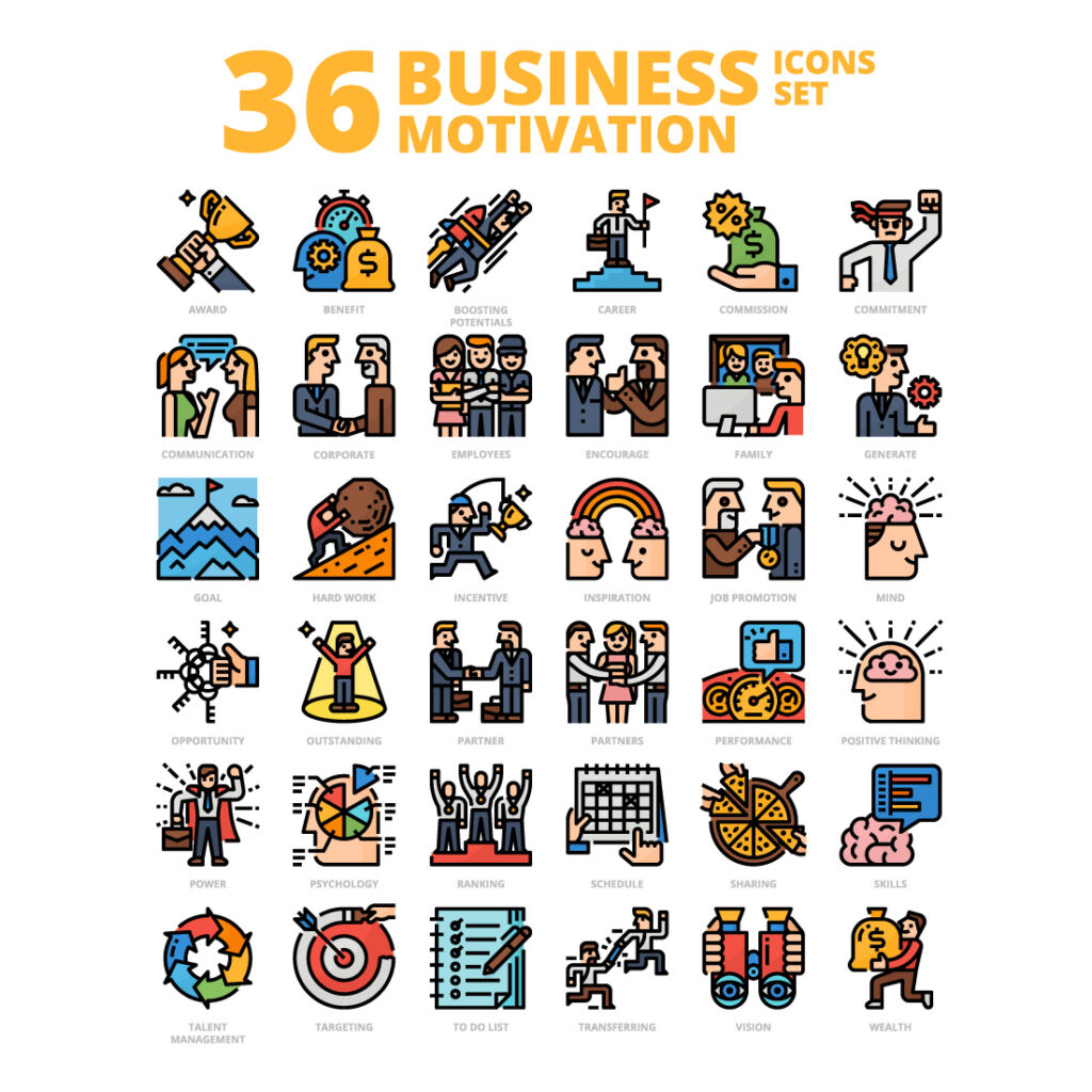36 Business Motivation Icons Set x 4 Styles - MasterBundles