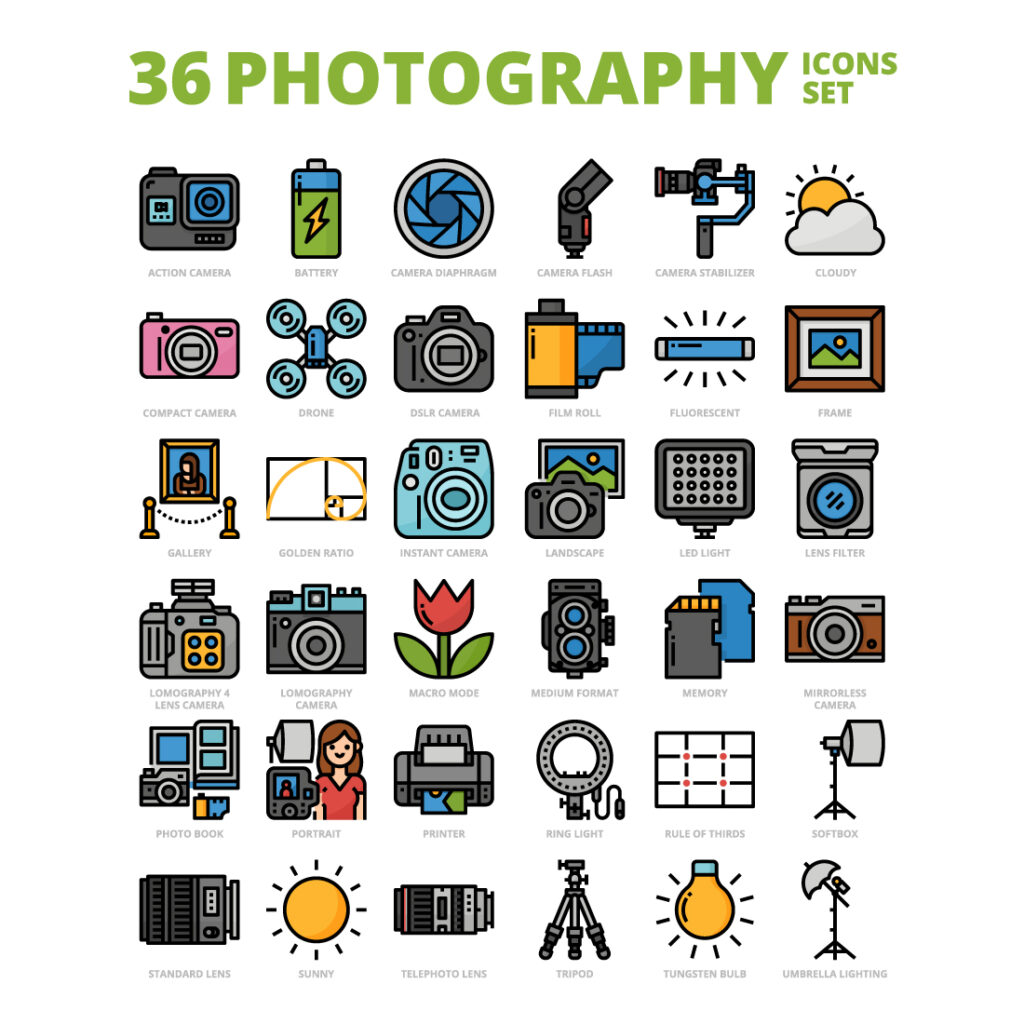 36 Photography Icons Set x 4 Styles - MasterBundles