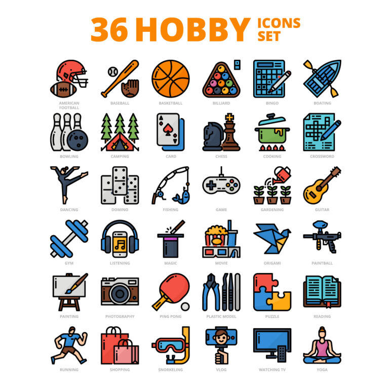 36 Hobby Icons Set x 4 Styles - MasterBundles