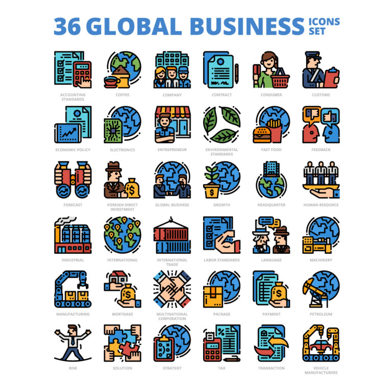 36 Global Business Icons Set x 4 Styles - MasterBundles