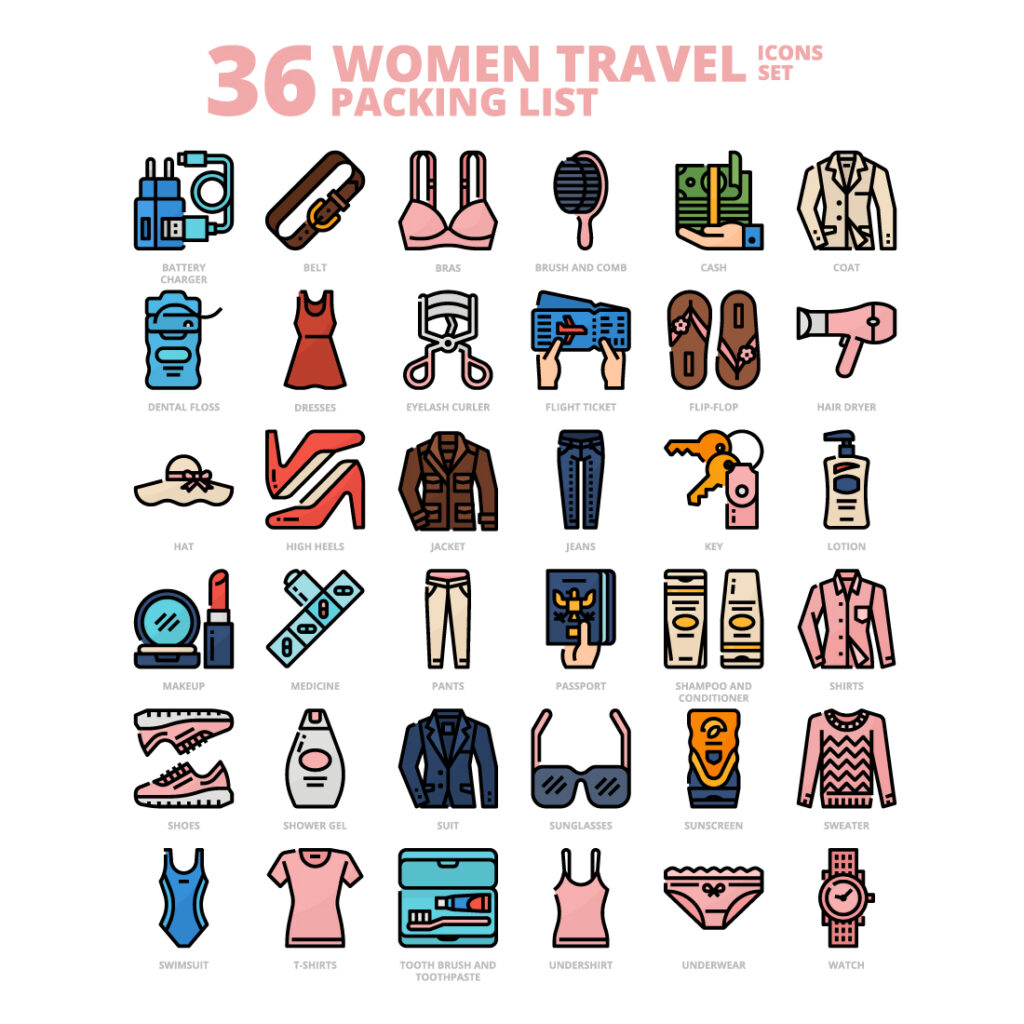 36 Women Travel Packing List Icons Set x 4 Styles - MasterBundles