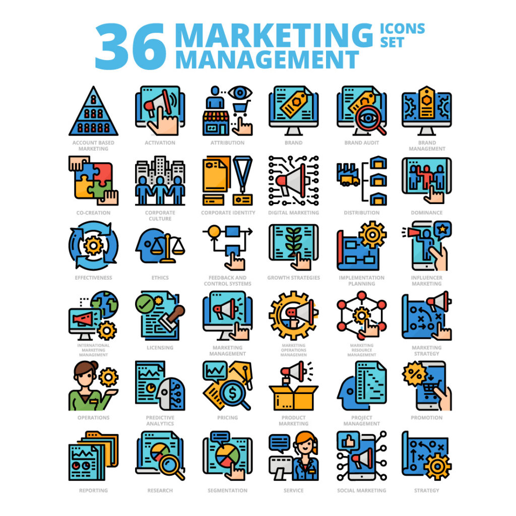36 Marketing Management Icons Set x 4 Styles - MasterBundles