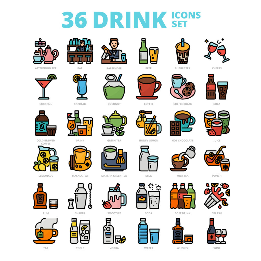 36 Drink Icons Set x 4 Styles - MasterBundles