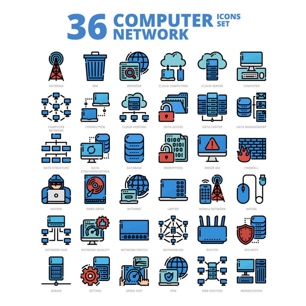 36 Computer Network Icons Set x 4 Styles - MasterBundles