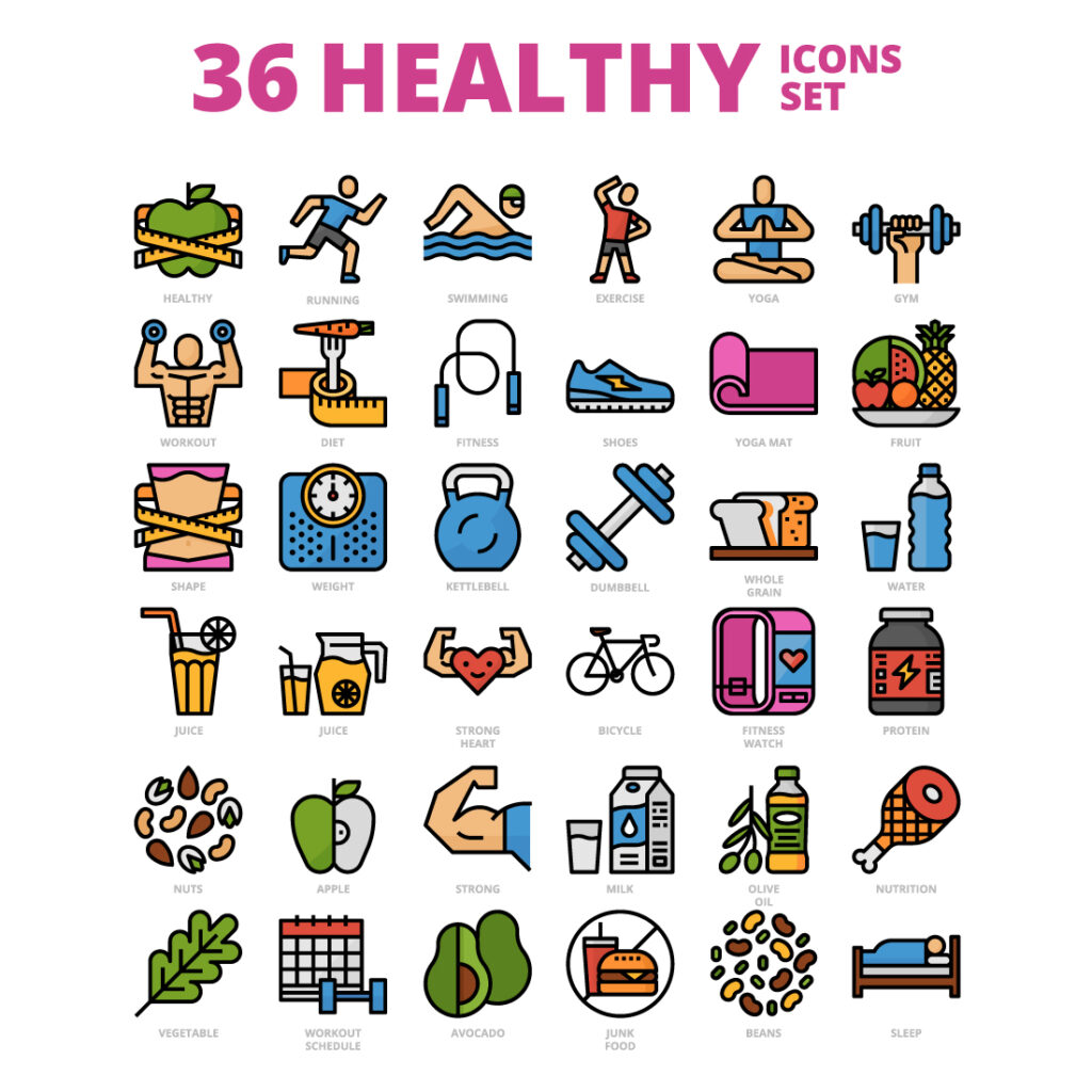 36 Healthy Icons Set x 4 Styles - MasterBundles