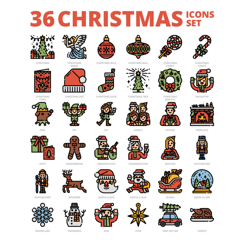 36 Christmas Icons Set x 4 Styles - MasterBundles