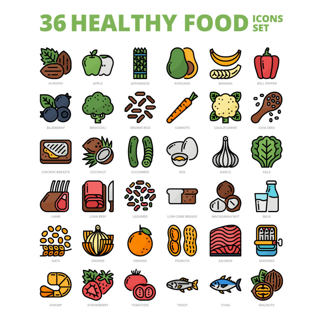 36 Healthy Food Icons Set x 4 Styles - MasterBundles