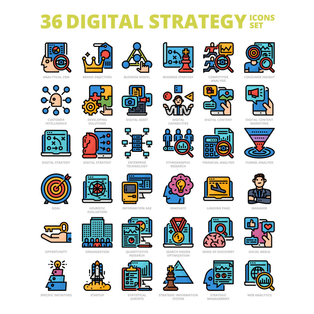 36 Digital Strategy Icons Set x 4 Styles - MasterBundles
