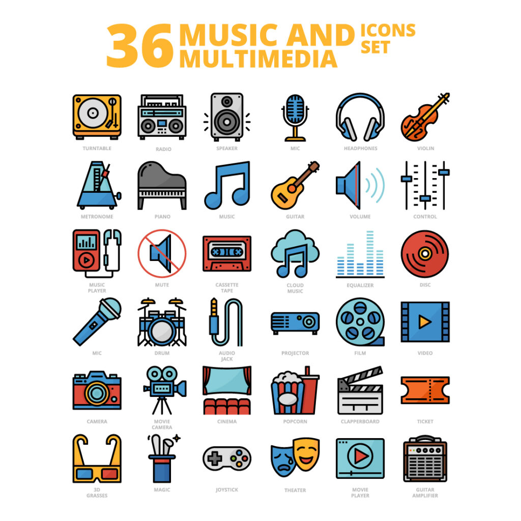 36 Music and Multimedia Icons Set x 4 Styles - MasterBundles