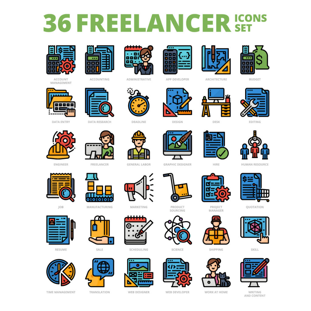 36 Freelancer Icons Set x 4 Styles - MasterBundles