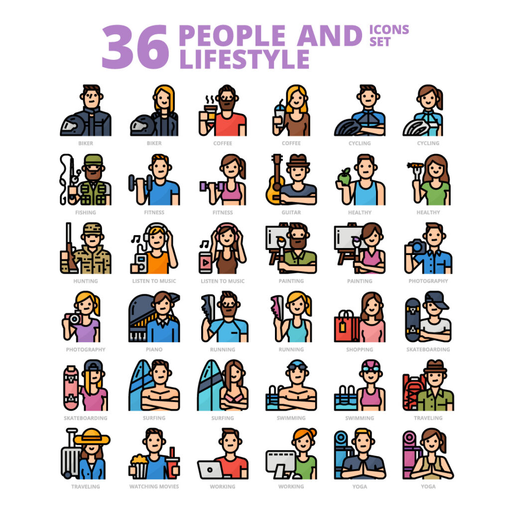 36 People and Lifestyle Icons Set x 4 Styles - MasterBundles