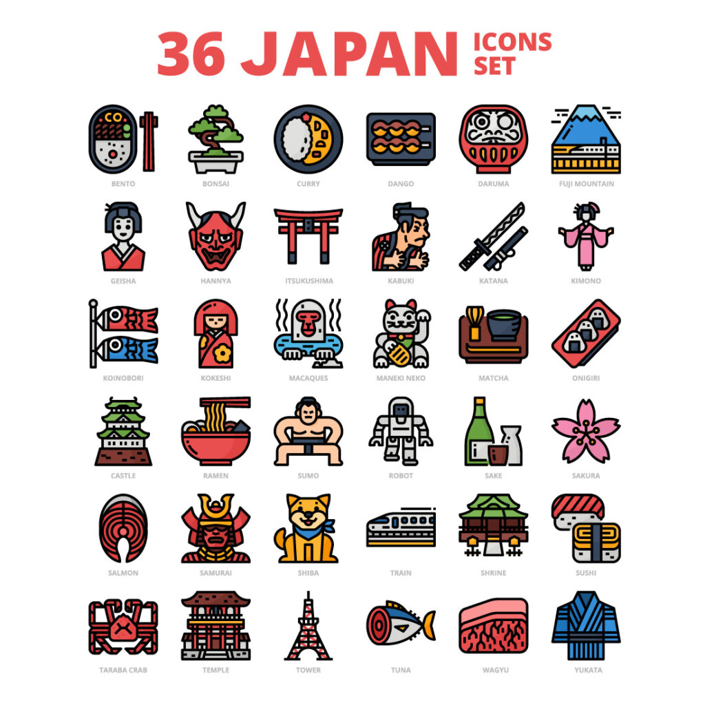 36 Japan Icons Set x 4 Styles - MasterBundles