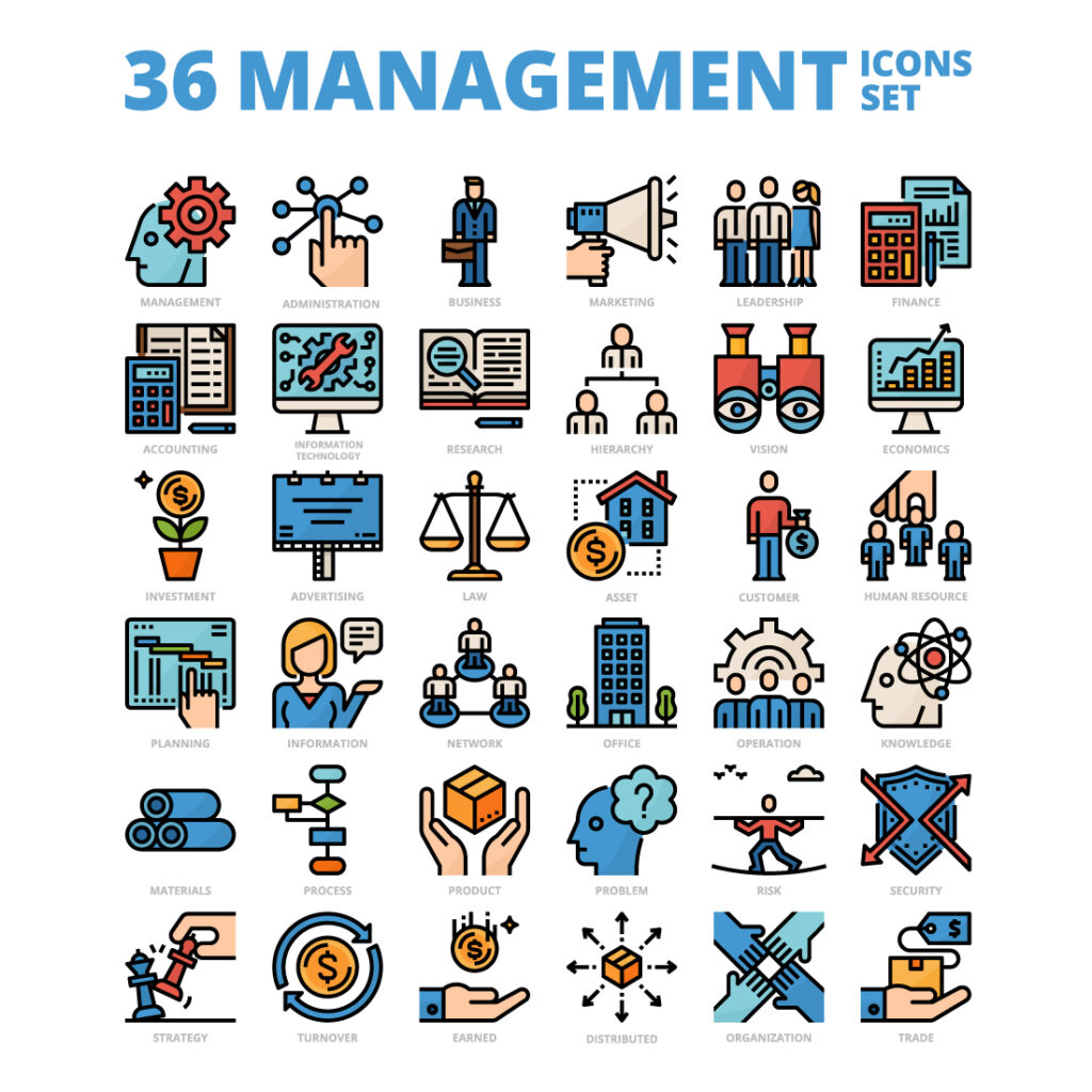 36 Management Icons Set x 4 Styles - MasterBundles