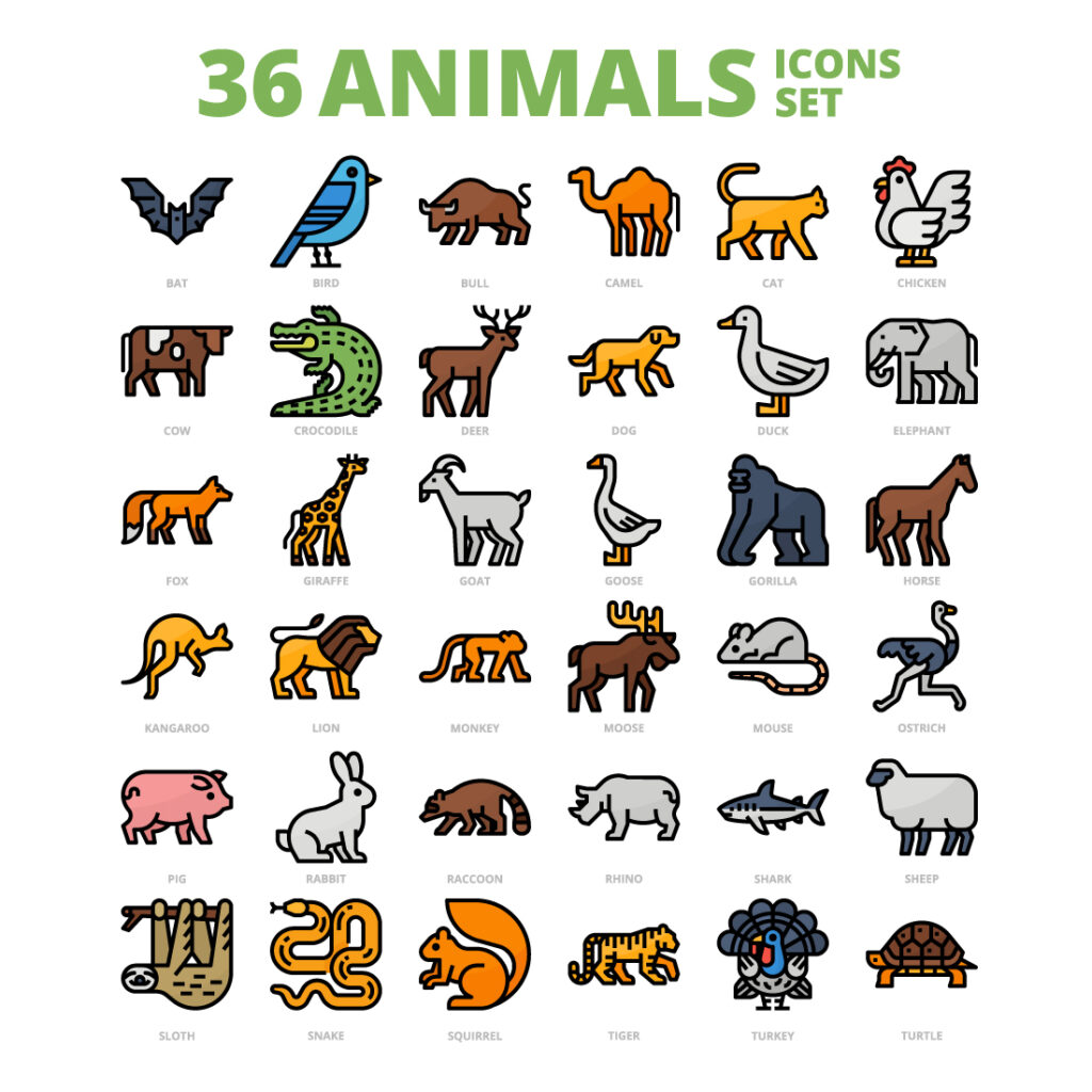 36 Animals Icons Set x 4 Styles - MasterBundles