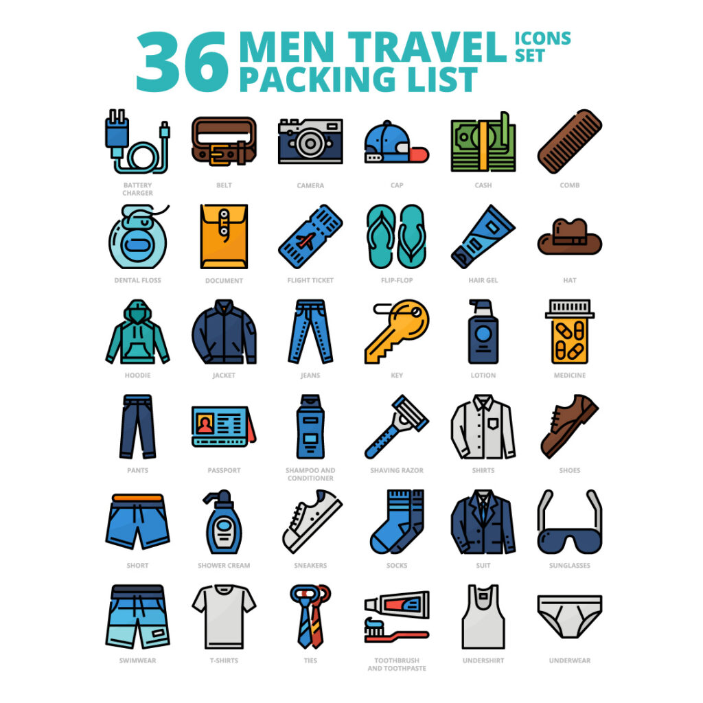 36 Men Travel Packing List Icons Set x 4 Styles - MasterBundles