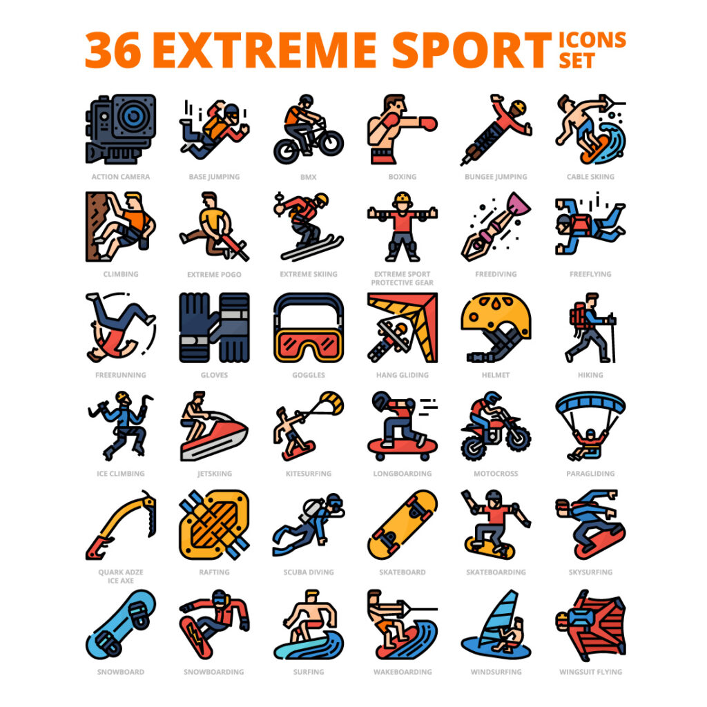 36 Extreme Sport Icons Set x 4 Styles - MasterBundles