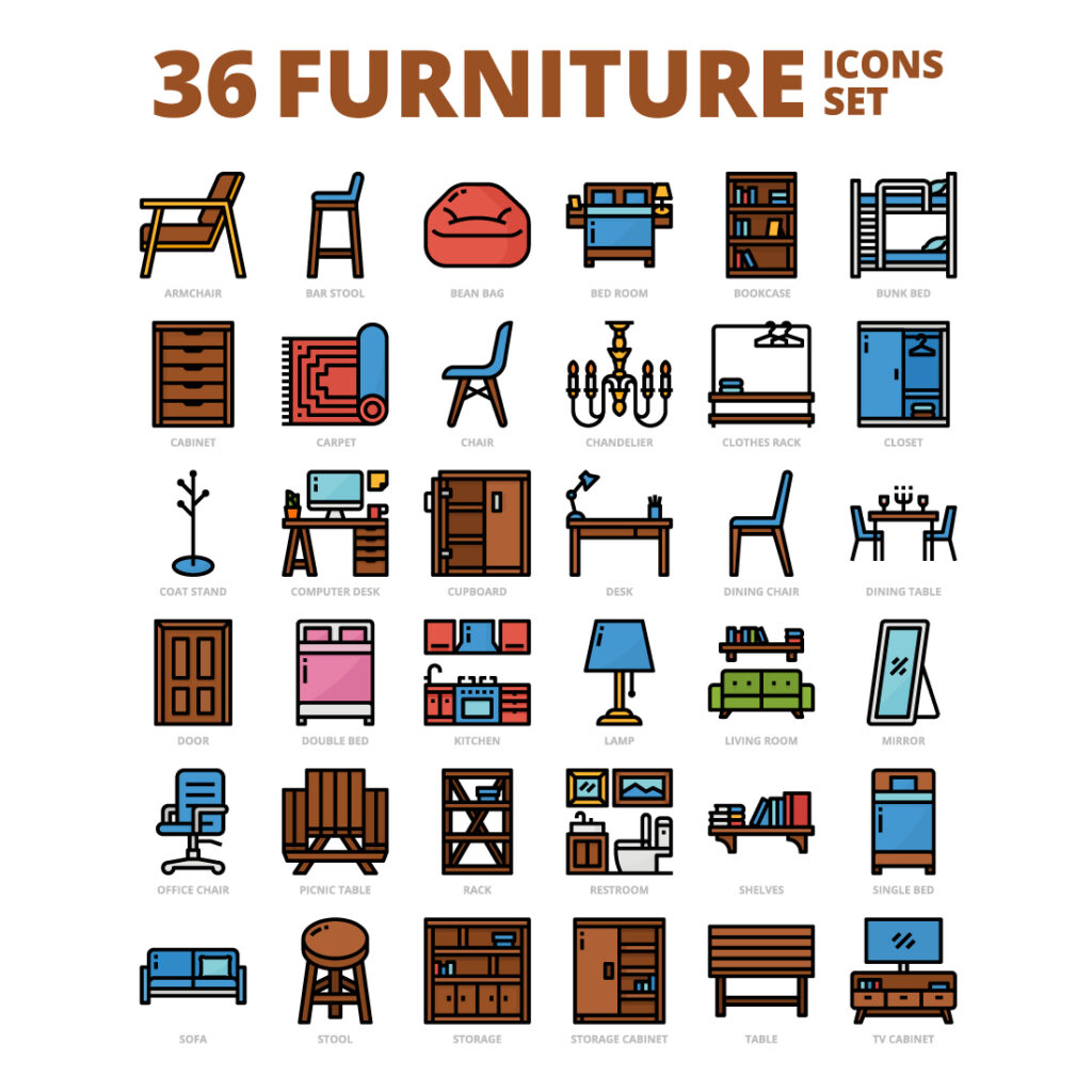 36 Furniture Icons Set x 4 Styles - MasterBundles