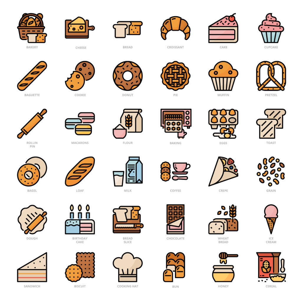 36 Bakery Icons Set x 4 Styles - MasterBundles