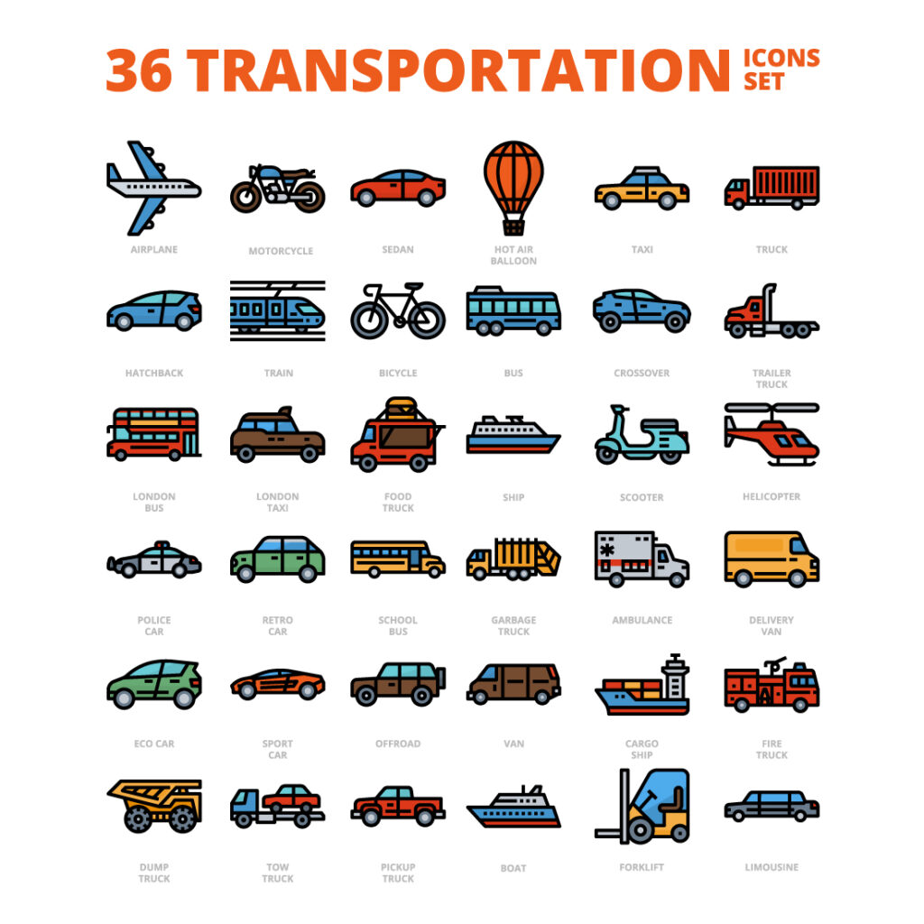36 Transportation Icons Set x 4 Styles - MasterBundles