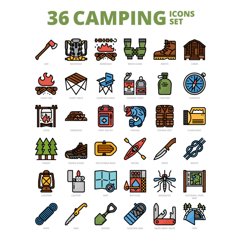 36 Camping Icons Set x 4 Styles - MasterBundles